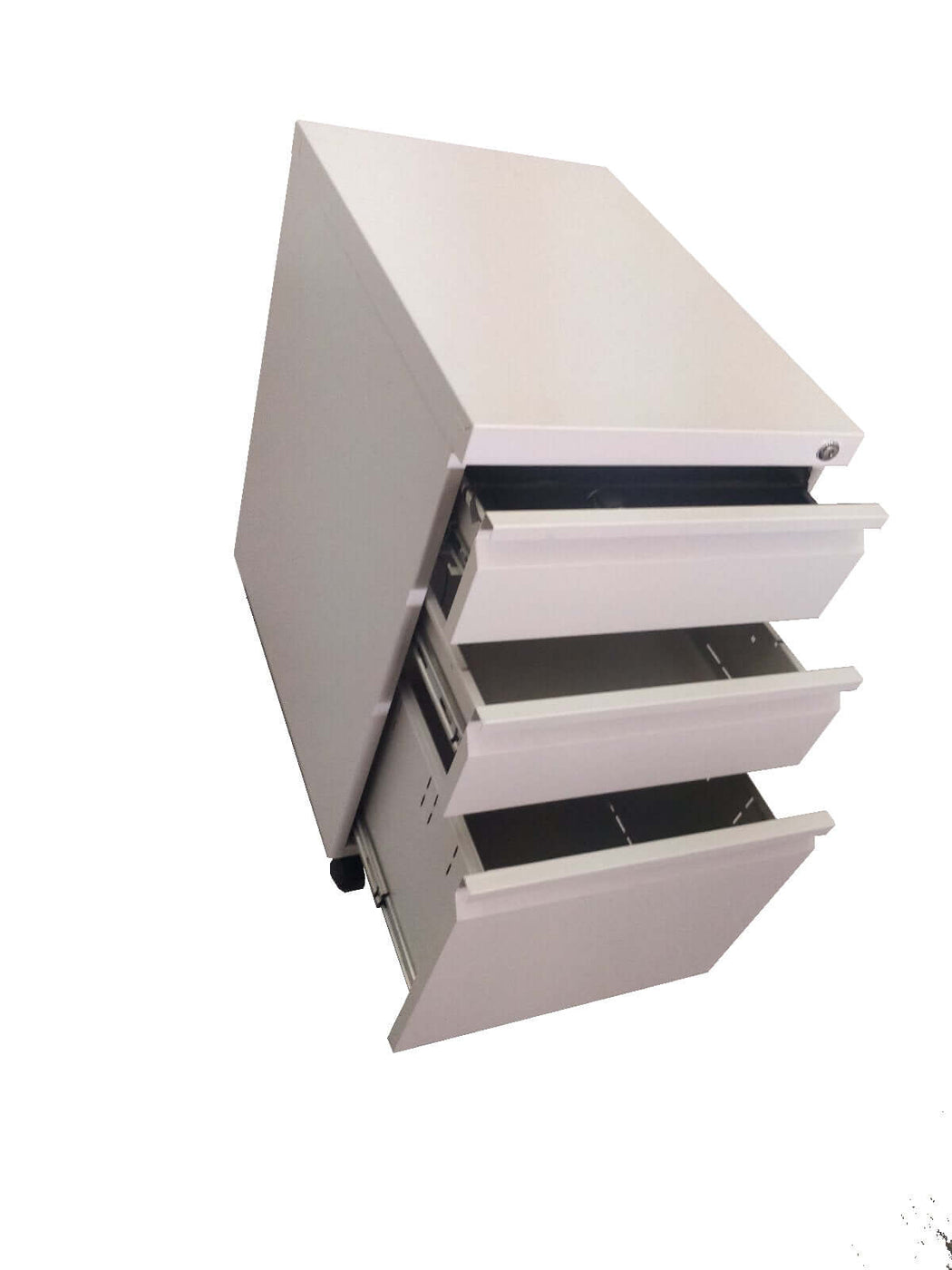Steel mobile pedestal with 3 drawers and a recessed handle.