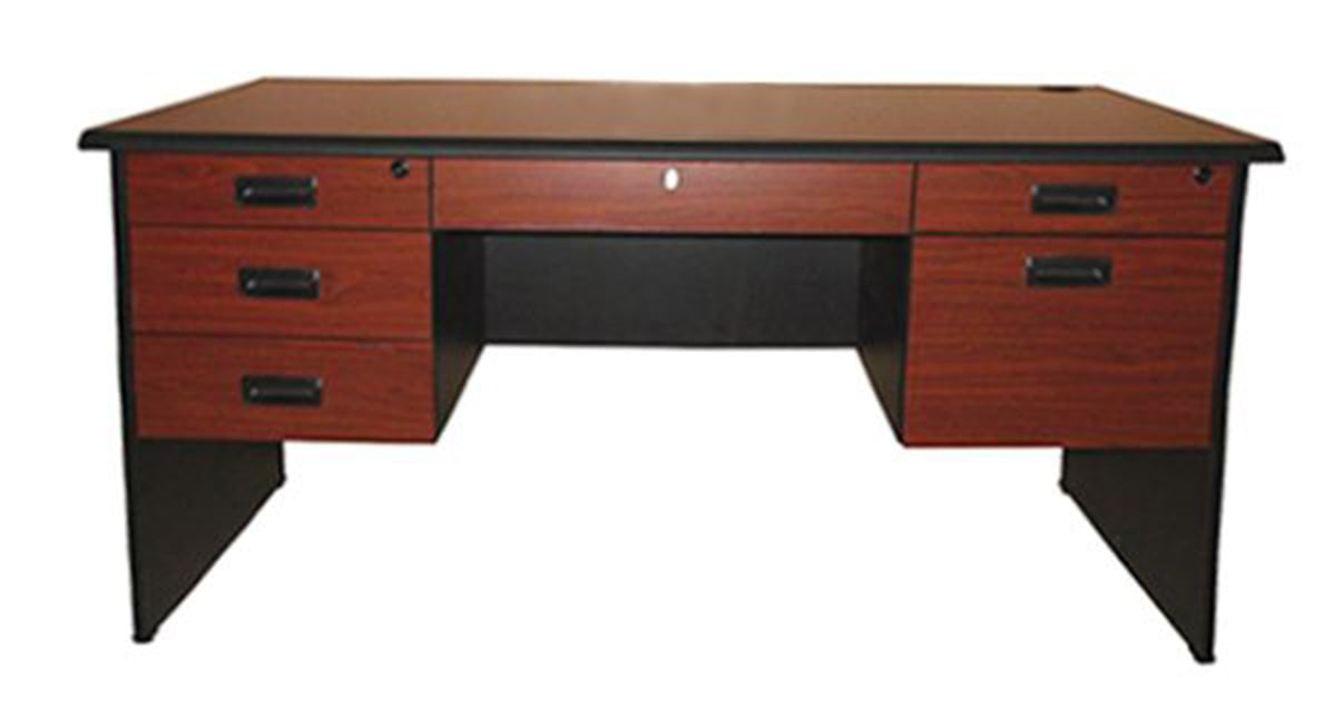 Modern Office Table Cherry W/ Multiple Pedestal Drawers and Cabinet