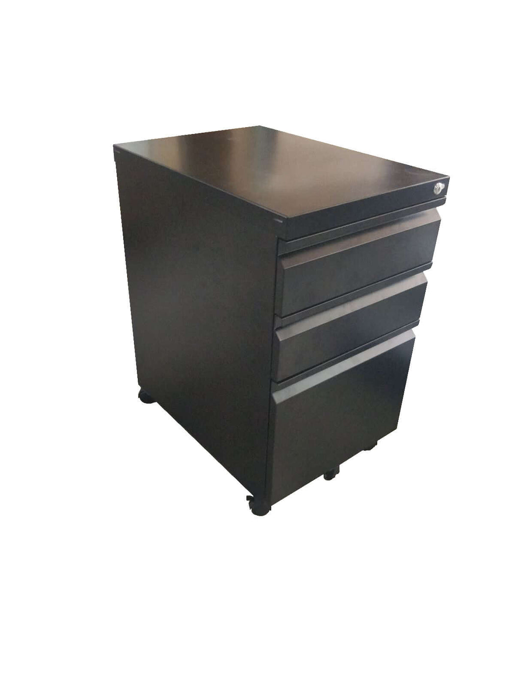 Steel mobile pedestal with 3 drawers and a recessed handle.