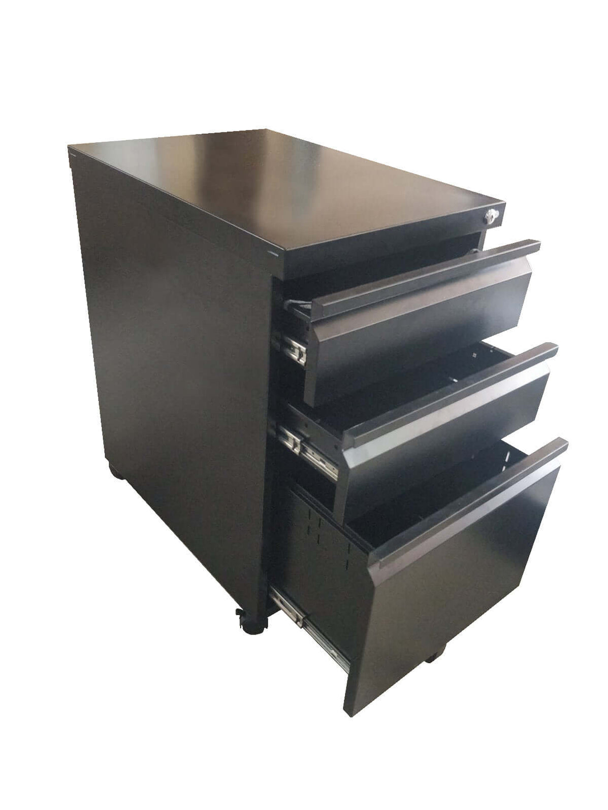 Steel mobile pedestal with 3 drawers and a recessed handle.